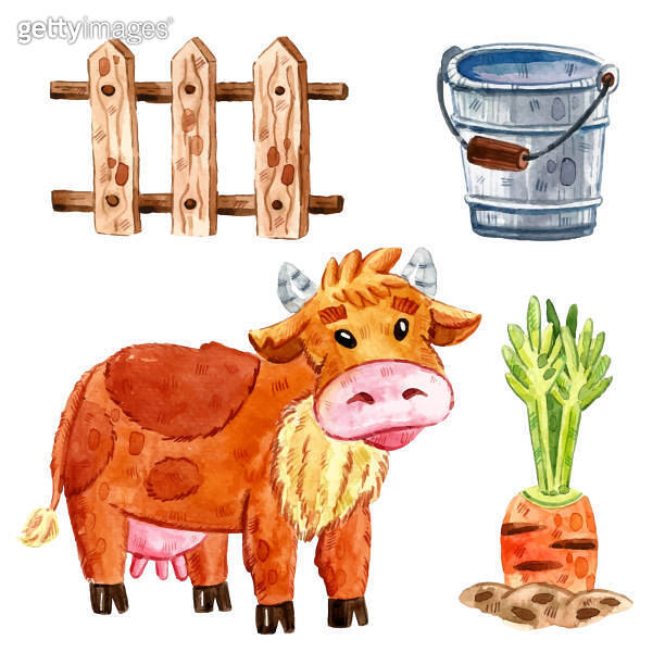 Cow, cattle wooden fence, carrot, bucket. Farm animal clip art, set of ...