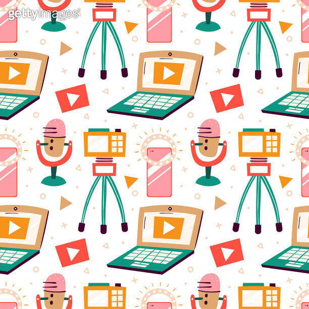 Blogging, vlogging set. Filming items. Laptop, camera, tripod ...
