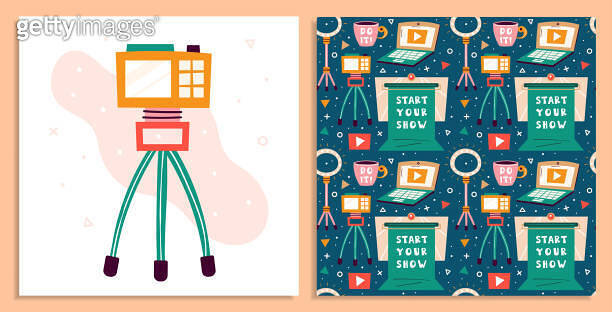 Blogging, vlogging set. Filming items. Laptop, camera, tripod ...