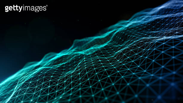 Digital cyberspace futuristic, Green and Blue color particles wave flowing with lines and dots ...