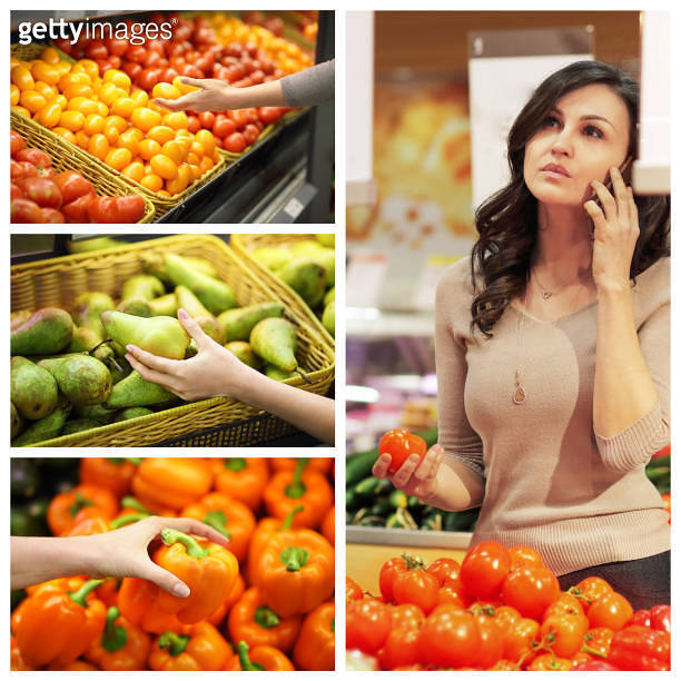 Collage with woman and female hand who chooses vegetables in ...