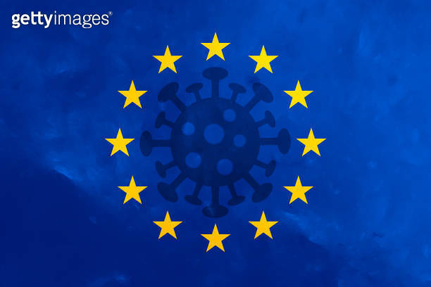European Union flag with grunge texture and corona virus symbol 이미지 ...