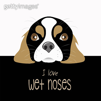 Black and White poster with a cute face dog (Beagle). Lettering: I love ...