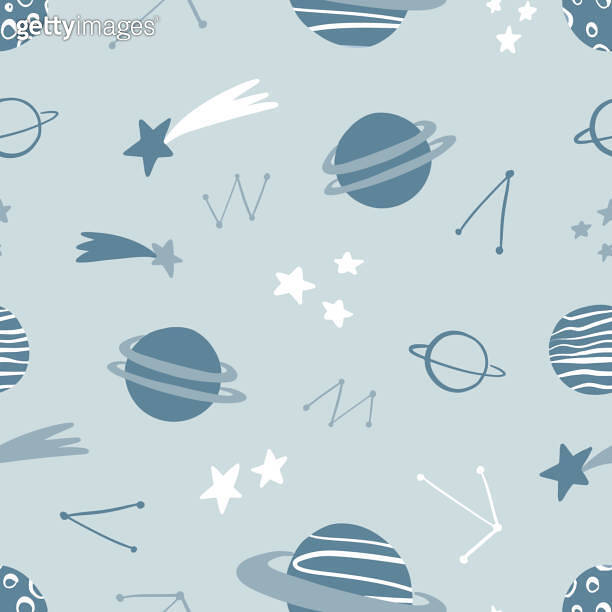 Space hand drawn seamless pattern with planets, stars, comets ...