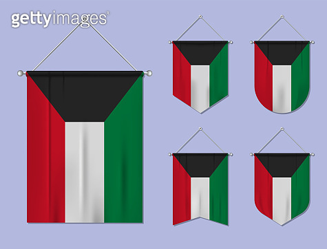 Set of hanging flags Kuwait with textile texture. Diversity shapes of ...