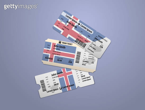 Modern design of Iceland airline, bus and train travel boarding pass ...