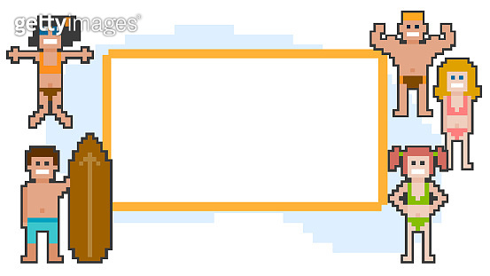 Pixel beach people with signboard. 이미지 (1272454705) - 게티이미지뱅크