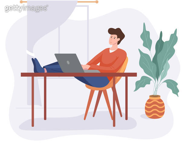 Freelance man work from home comfortable space at table with computer ...