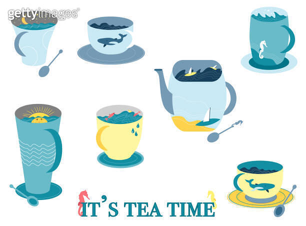 Design vector illustration of six cups, kettle, spoons and saucers with ...