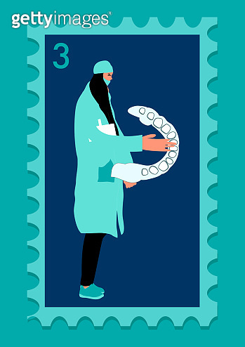 Orthodontic themed postage stamp. Doctor holding huge dental braces ...