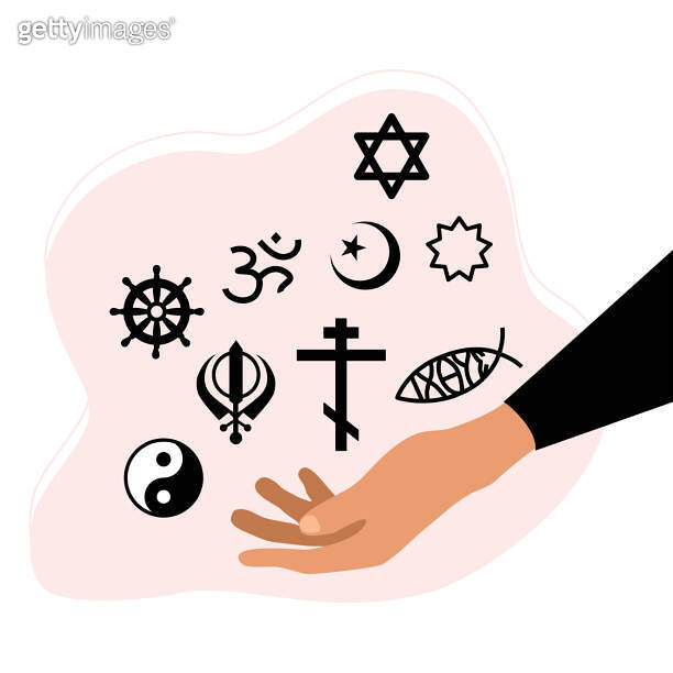 Religious Freedom day poster.Hand holding various spiritual symbols ...
