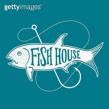 Fish house badge lettering typography text on big tuna fish with ...