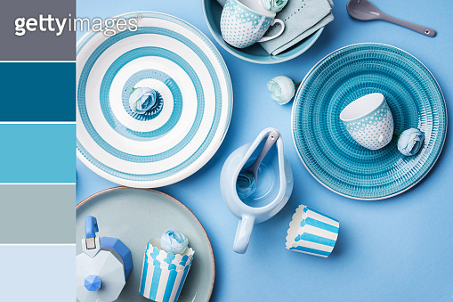 Blue ceramic tableware crockery. Color swatch 이미지 (1224839753) - 게티이미지뱅크