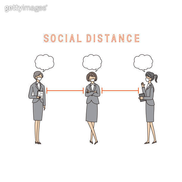 Three working women with a social distance and conversation - vector ...