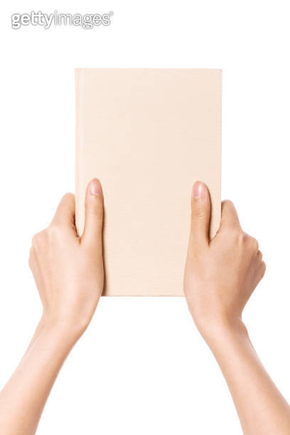 woman two hands holding a ivory book cover isolated on white. 이미지 ...