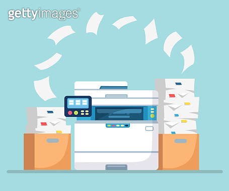 Printer, office machine with paper, document stack. Scanner, copy ...
