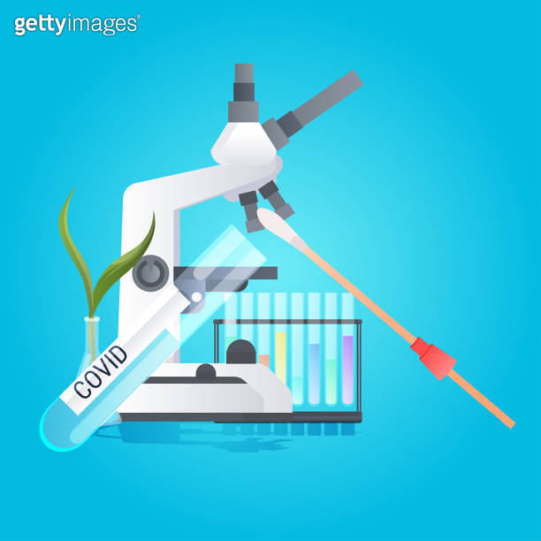 microscope with flasks and nasal swab covid-19 test vaccination ...