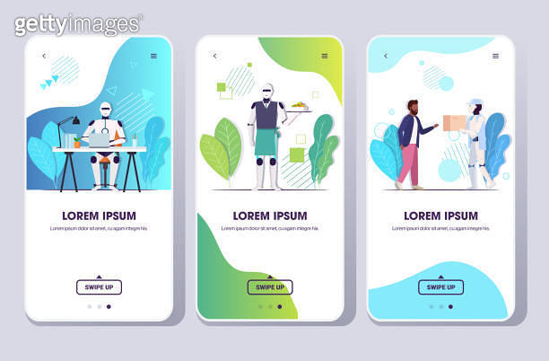 set robot using laptop serving food carrying cardboard box artificial ...