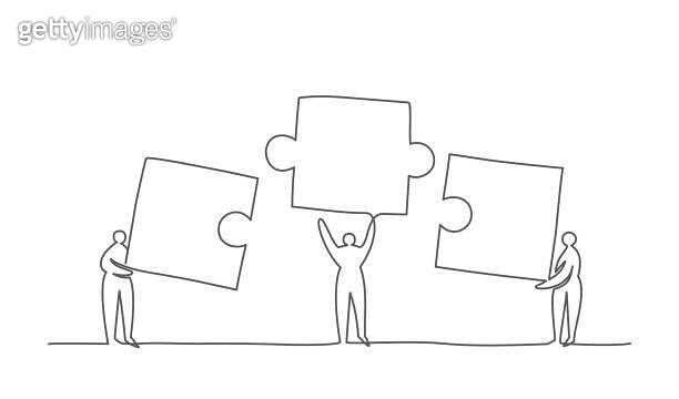 People connecting puzzle elements One line drawing Business, teamwork ...