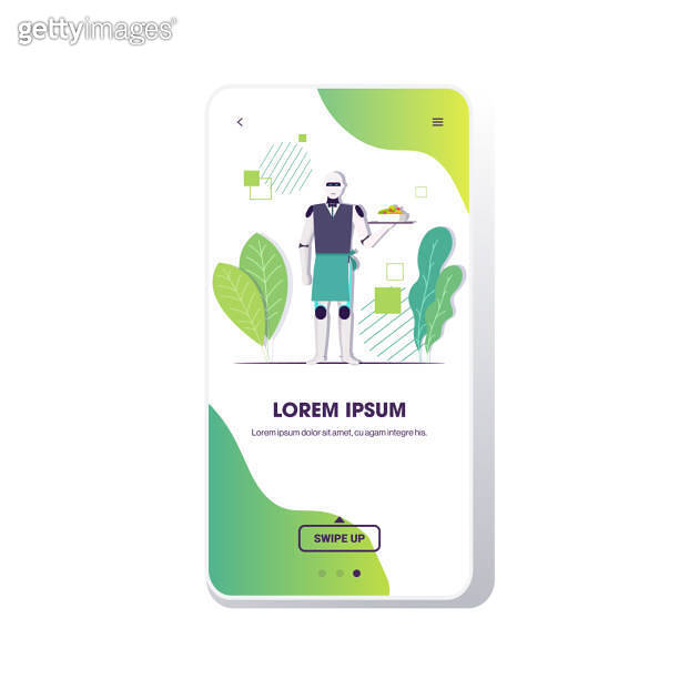 modern robot waiter serving salad at restaurant artificial intelligence ...