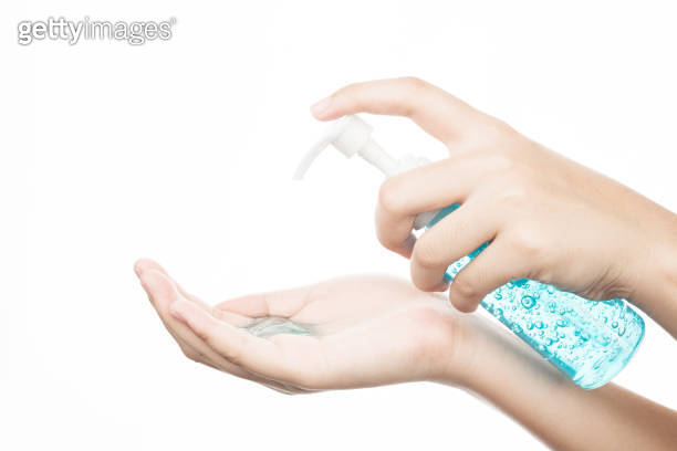 Washing hand with alcohol blue gel isolated on white background protect ...