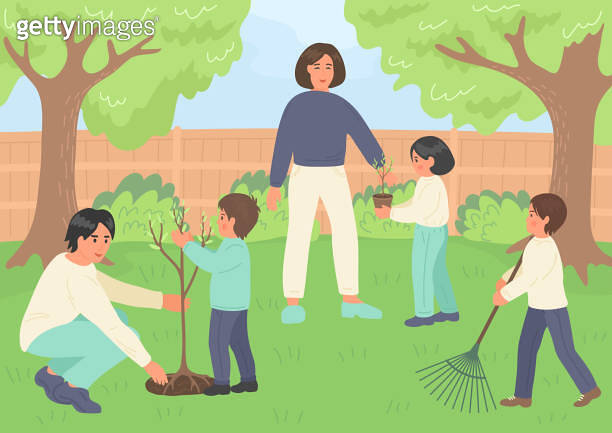 Spring clean up. Children with parents planting trees. 이미지 (1211555439 ...