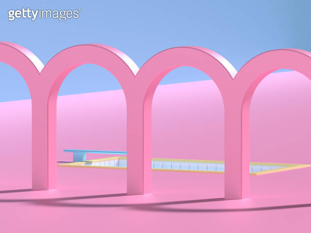 3D rendering. Swimming pool with water and arches in pink monochrome ...