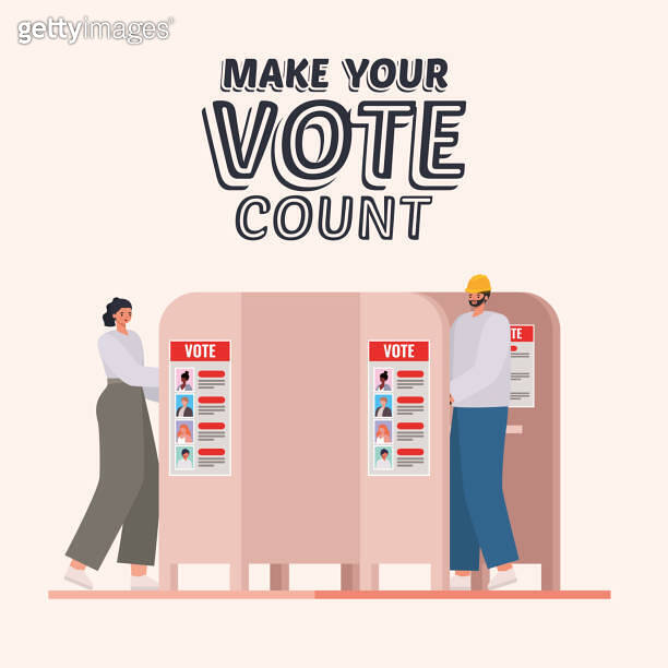 woman and man at voting booth with make your vote count text vector ...