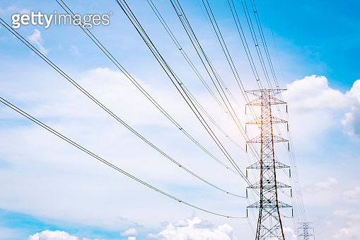 Hight voltage electric towers, A long electrical cable across the sky ...