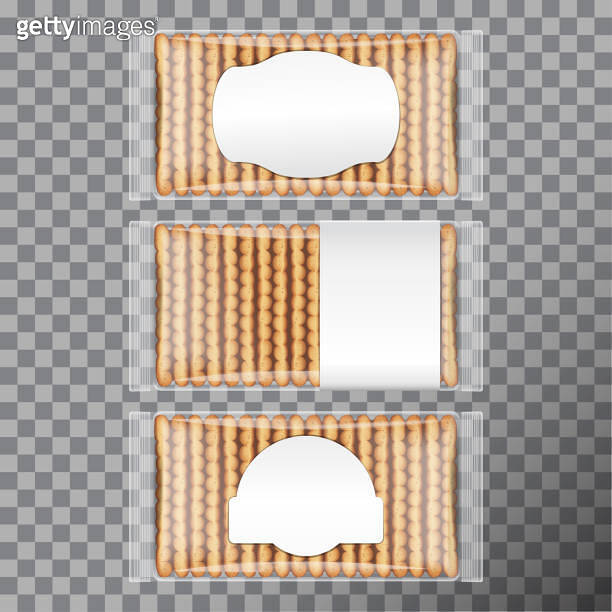 Biscuits pack, wrapped in transparent plastic with different labels ...
