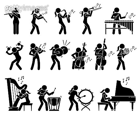 Female musician playing music with musical instruments and percussion ...