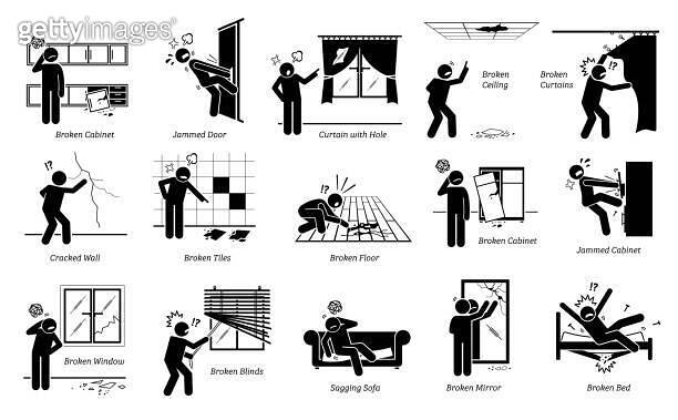 House defects issues and structural problems stick figure pictogram ...