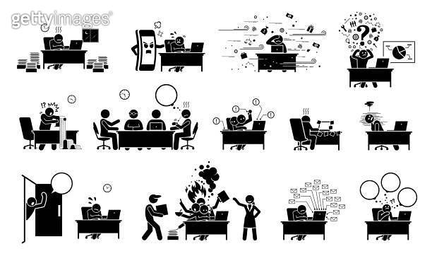 Busy executive, CEO, worker, or businessman at office stick figure ...