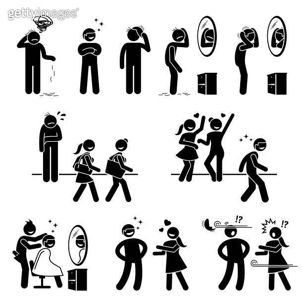 Bald man with a wig or fake hair stick figures icons. (1277251734) 일러스트 ...