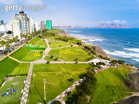 Aerial image made with drone of Lima Peru. Beach, cliff and modern ...
