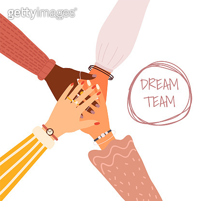 Concept of team work. Friends with stack of hands showing unity and ...