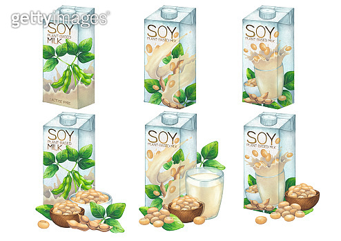 Watercolor collection of plant based milk in cartons with different ...