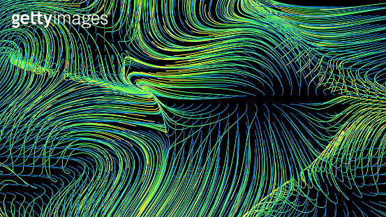 3d render of flow field visualization. Lines are curled and turbulence ...