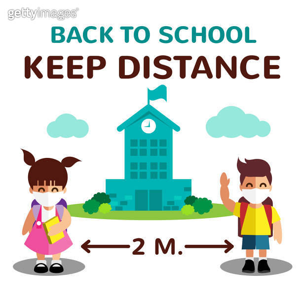 Cartoon of student girl and boy and Back to school keep distance text ...