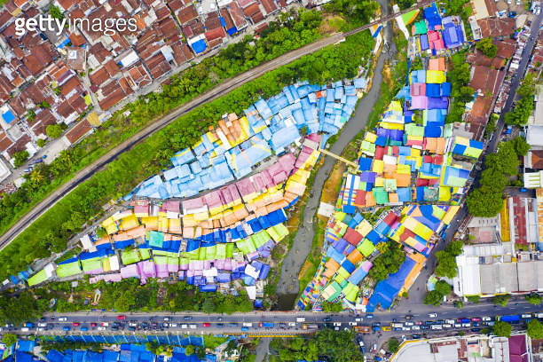 View from above, stunning aerial view of the Rainbow village also known ...