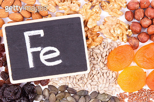Inscription Fe and food containing iron, concept of healthy nutrition ...