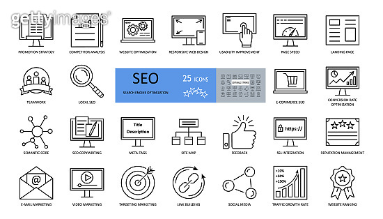 Vector set of SEO optimization icons with editable stroke. strategy ...