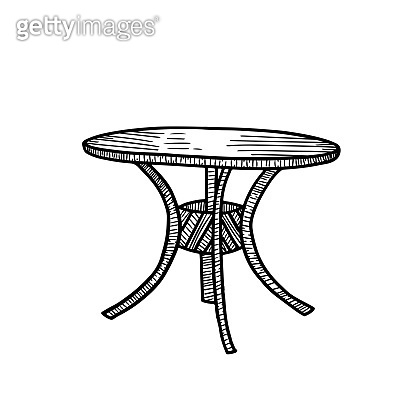 Vector monochrome line hand drawing sketche. Round table on four foot ...
