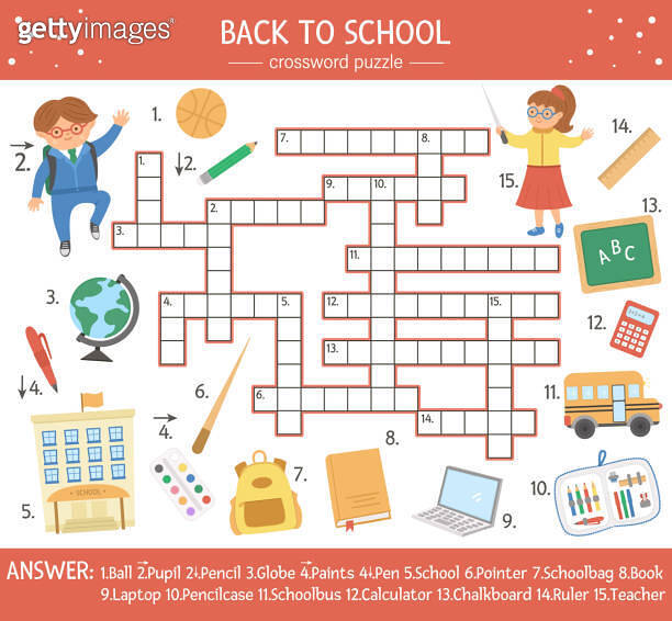 Vector back to school crossword puzzle for kids. Simple quiz with ...
