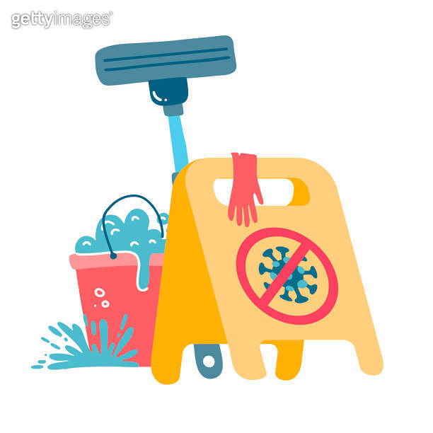 Cleaning during coronavirus quarantine concept. Yellow Caution sign ...