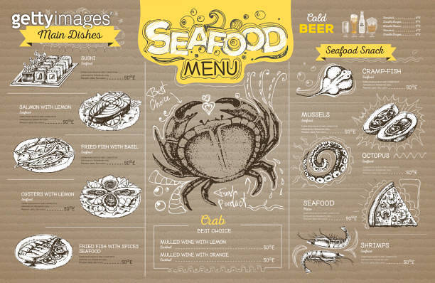 Vintage seafood menu design on cardboard. Restaurant menu (1206209174 ...