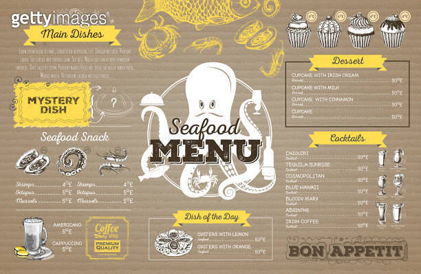 Vintage seafood menu design on cardboard. Restaurant menu 이미지 ...