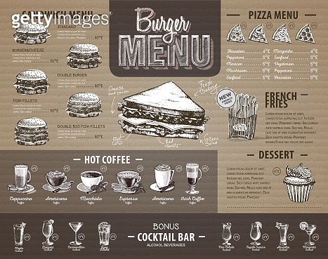 Vintage burger menu design on cardboard. Fast food menu 이미지 (1206570069 ...