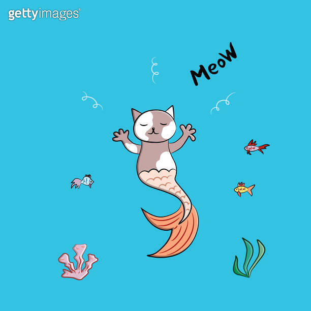 Mermaid cat in sea nature. Cute character of a kitten with a fish-like ...