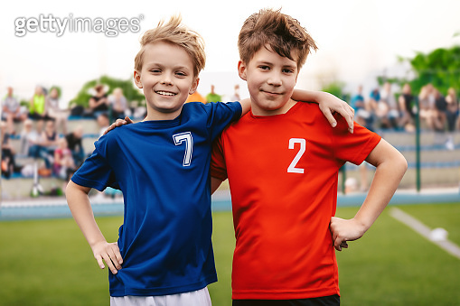 Two Happy Smiling Boys in Sports Team Standing on Grass Pitch. Kids ...